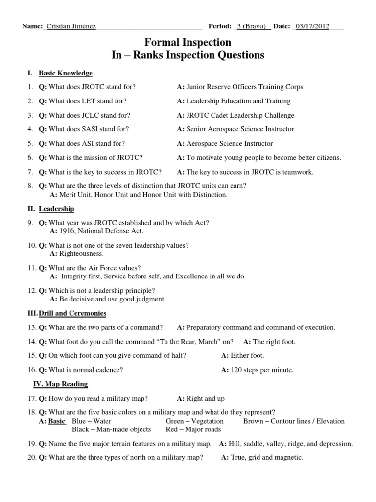 Inspection Questions - 2012MAR | PDF | Defense Policy | Military ...