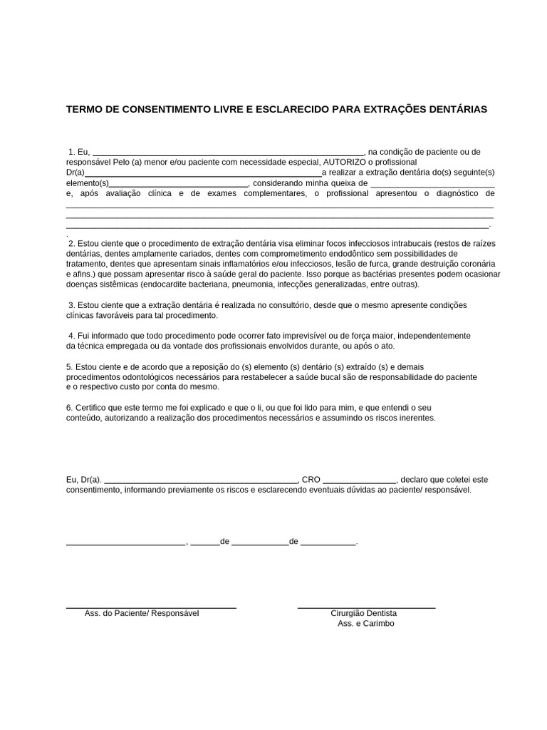 Termo Extração Dentária | PDF | Odontologia | Dente humano