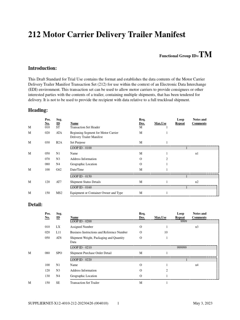 Motor Carrier Delivery Trailer Manifest 212 | PDF | Information ...