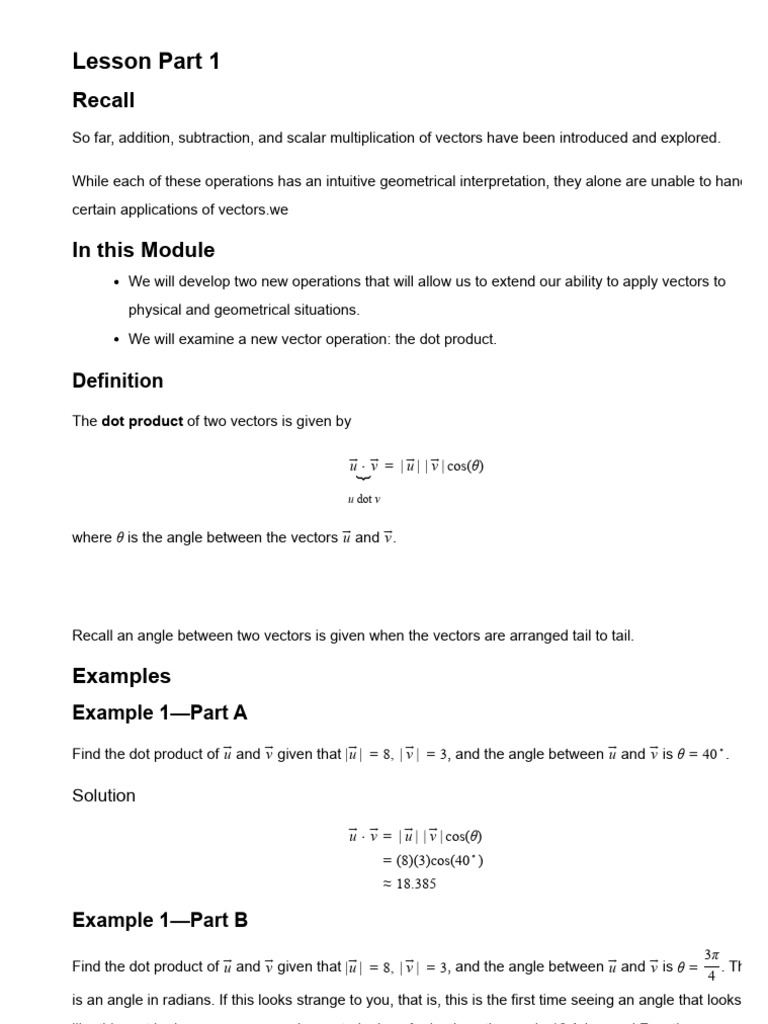 CEMC's Open Courseware - The Dot Product of Two Vectors | PDF ...
