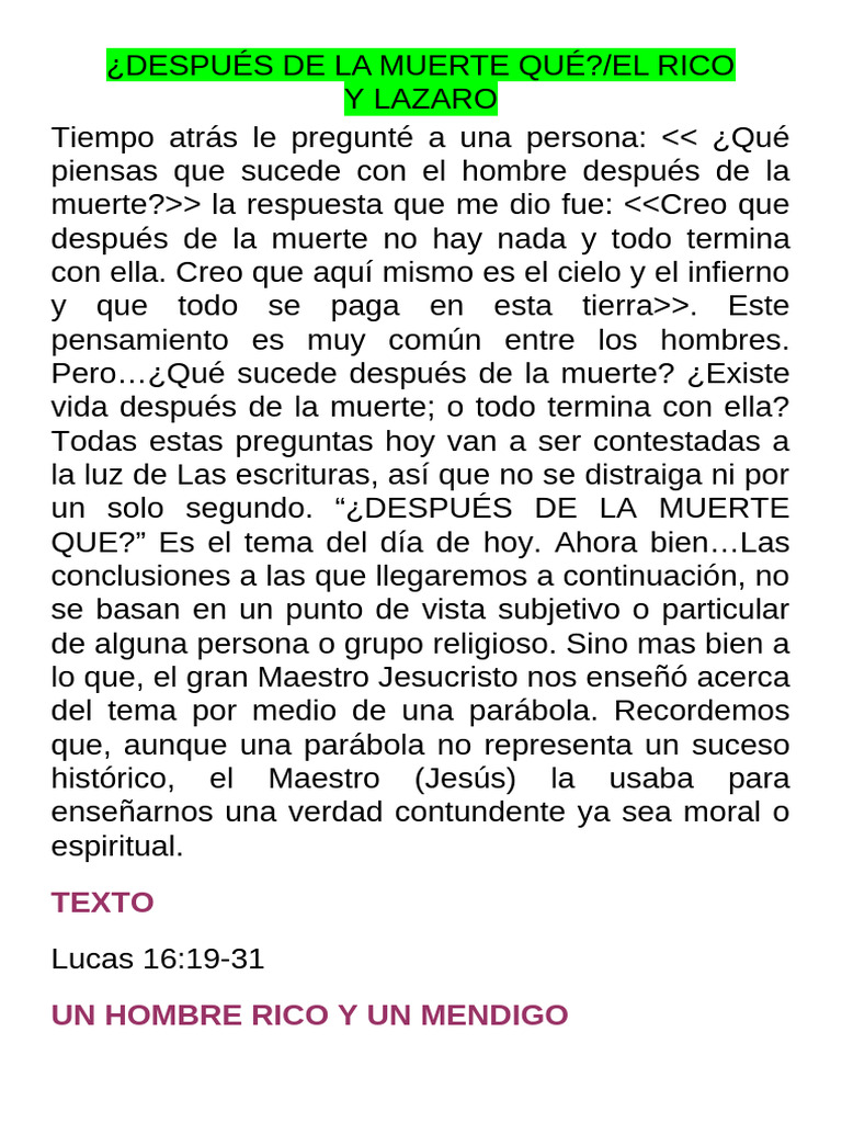 Vida y muerte: El rico y Lázaro | PDF | Infierno | Jesús