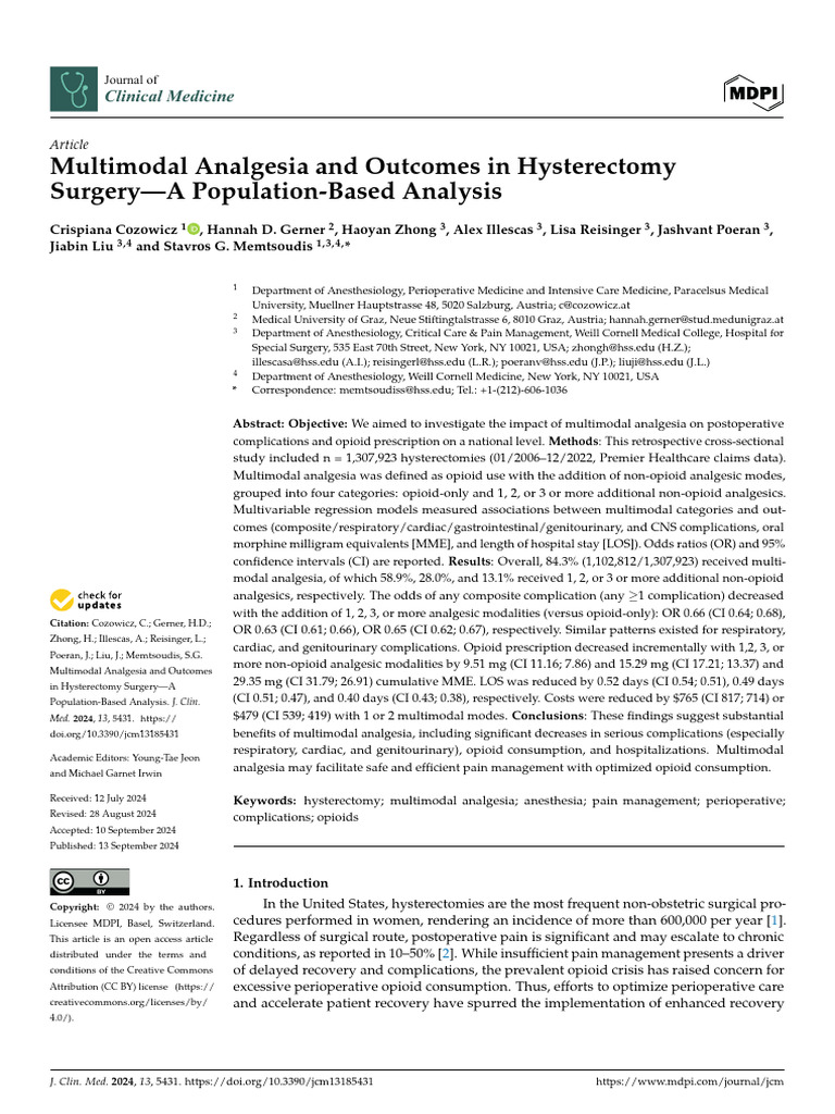 Multimodal Analgesia and Outcomes in Hysterectomy Surgery | PDF | Analgesic | Opioid