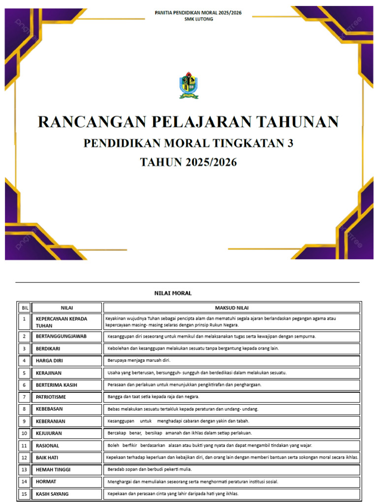 RPT Pendidikan Moral Tingkatan 3 | PDF