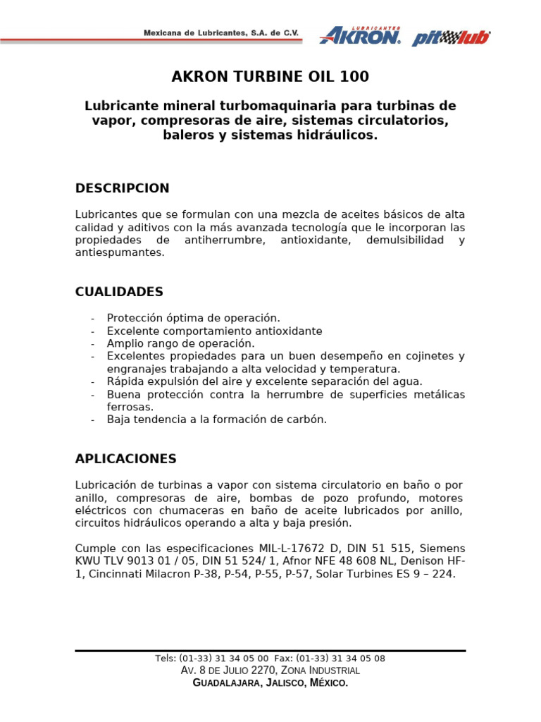 Akron Turbine Oil 100 | PDF | Lubricante | Petróleo