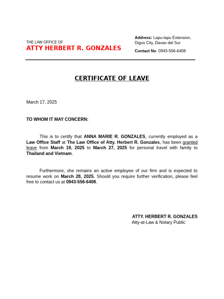 Certificate of Leave | PDF