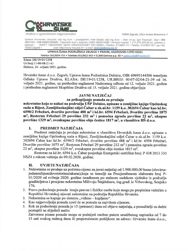 Javni Natjecaj Za Prodaju Nekretnine U Trscu-USP Delnice | PDF