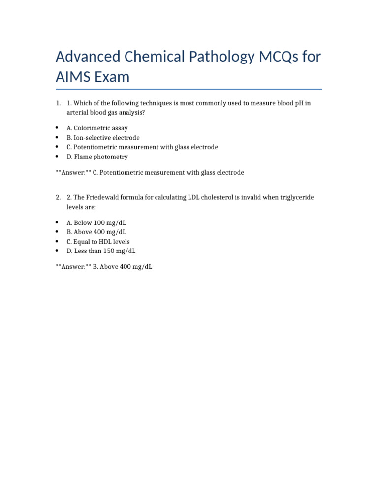 AIMS Advanced Chemical Pathology MCQs | PDF