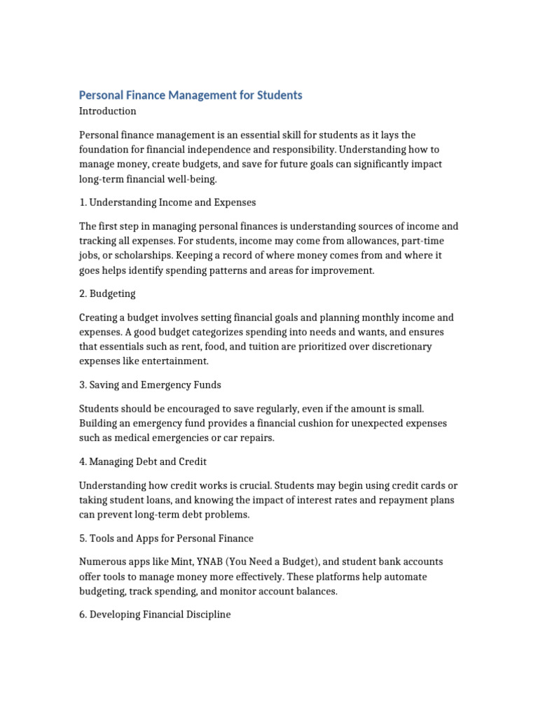 Personal Finance Management For Students | PDF