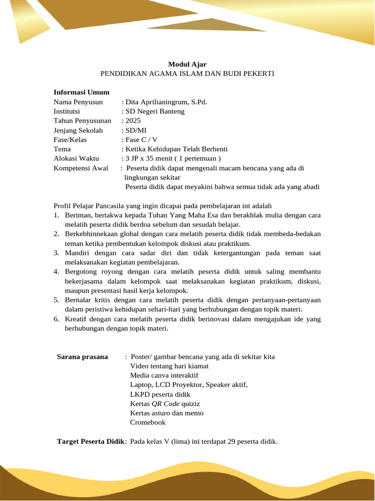 Modul Ajar PPP Ketika Kehidupan Telah Berhenti Kelas 5 | PDF