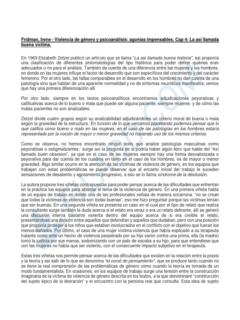 La Así Llamada-Buena Víctima - en Violencia de Género y Psicoanálisis. Fridman | PDF ...