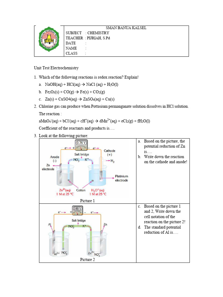 Electrochemistry Unit Test Questions | PDF | Electrochemistry ...