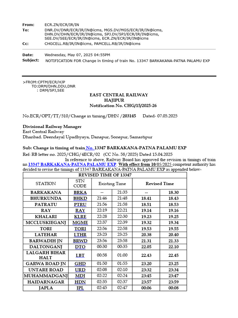 NOTIFICATION For Change in Timing of Train No. 13347 | PDF | Railway ...