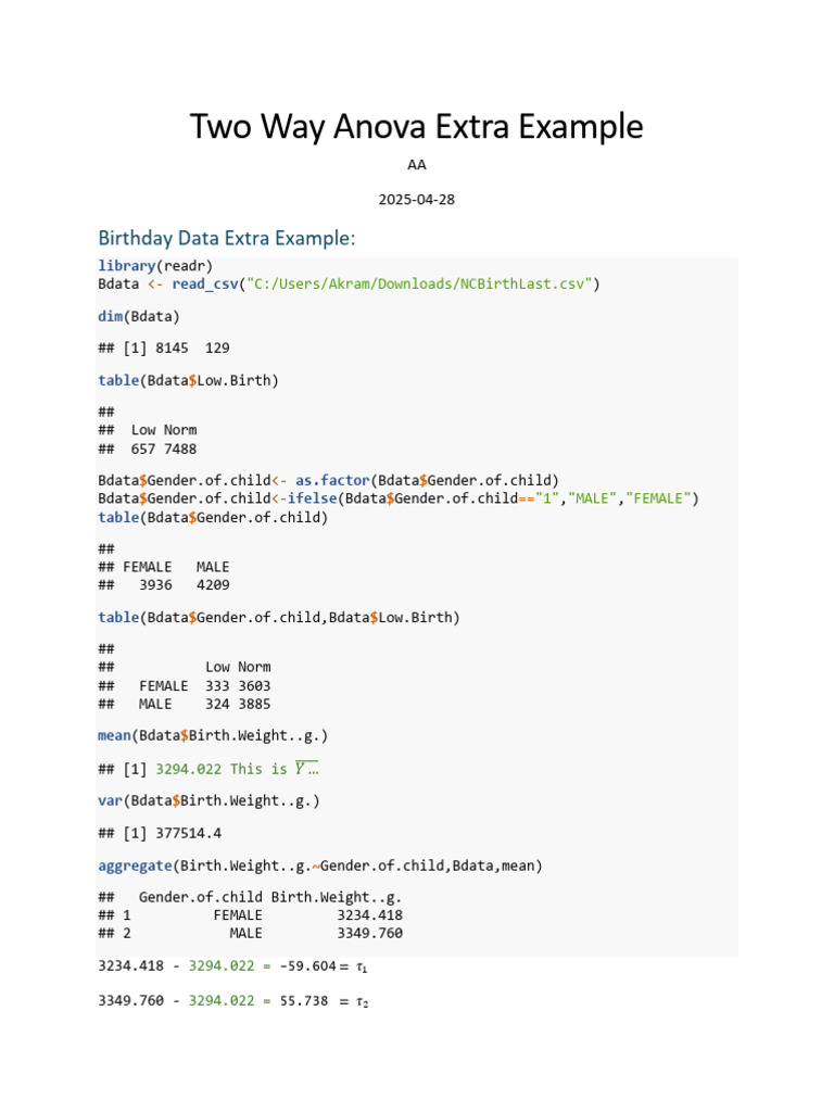 Two-Way ANOVA Analysis of Birth Data | PDF