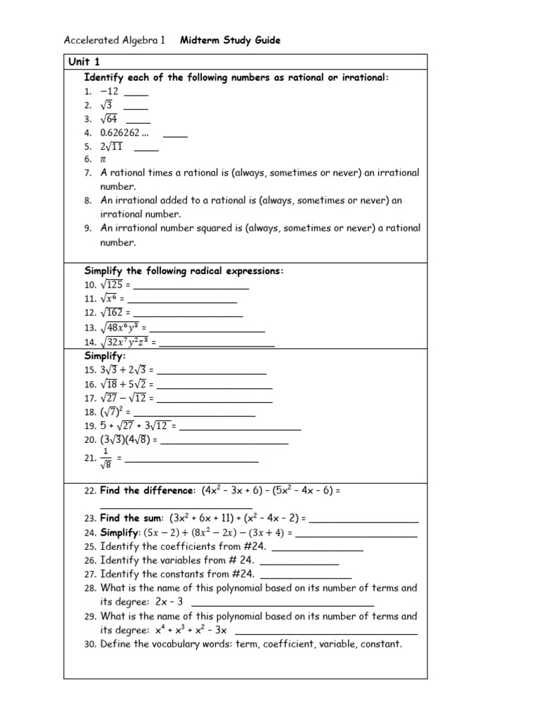 Accelerated Algebra 1 Honors Geo A 2024 Midterm Review | PDF | Function ...