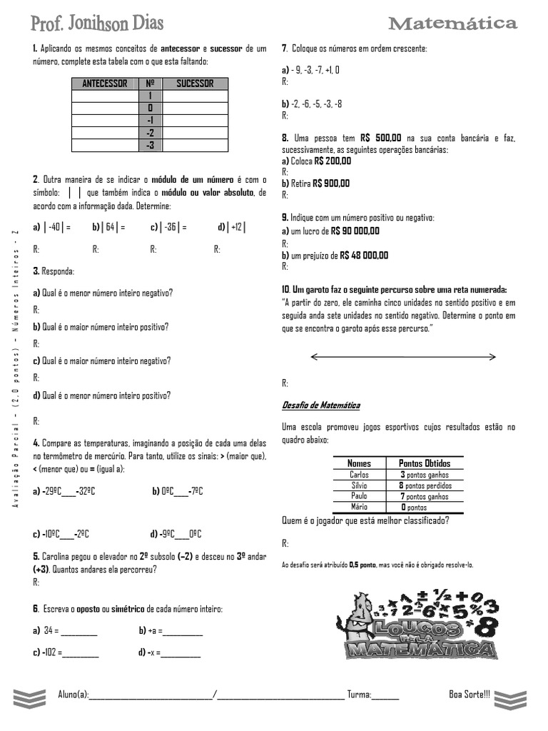 avaliaoparcial-7ano-pdf-130521144006-phpapp01 | PDF | Números | Matemática