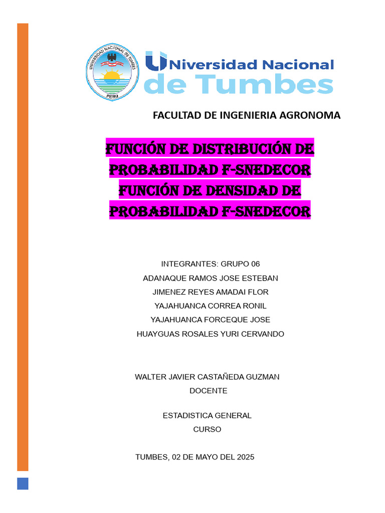 Grupo 06 Trabajo Función de Distribución de Probabilidad F de Snedecor | PDF | Función de ...