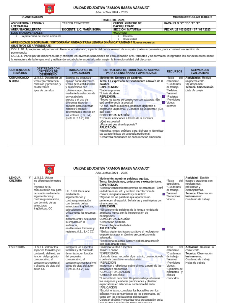 Planif Microcurr 3er Trimest 1ero Bachi. C, D, E, F. L.L. 2024-2025 RB | PDF | Cómics | Aprendizaje