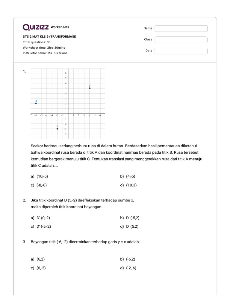 STS 2 MAT KLS 9 (TRANSFORMASI) - Quizizz | PDF