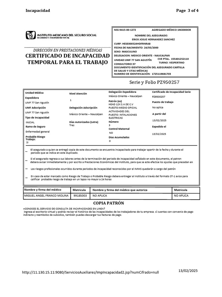 Certificado de Incapacidad Temporal IMSS | PDF