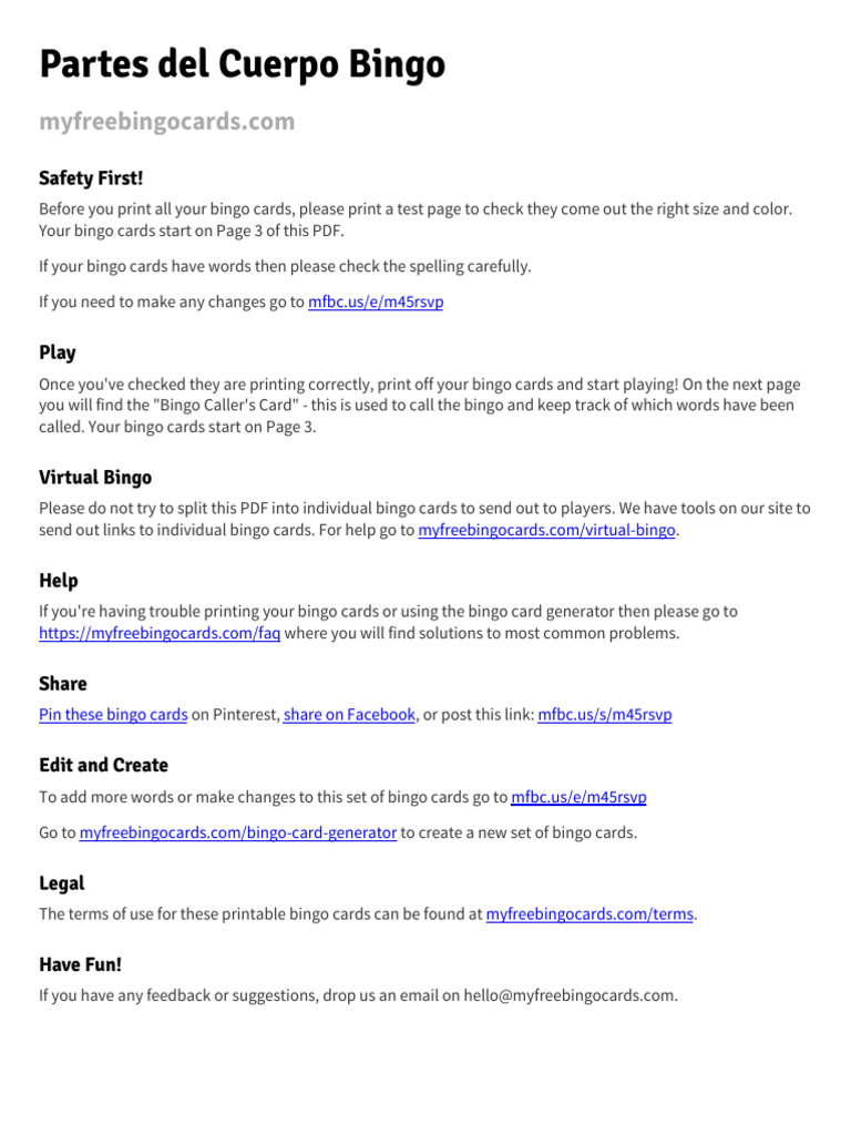 Partes Del Cuerpo Bingo | PDF