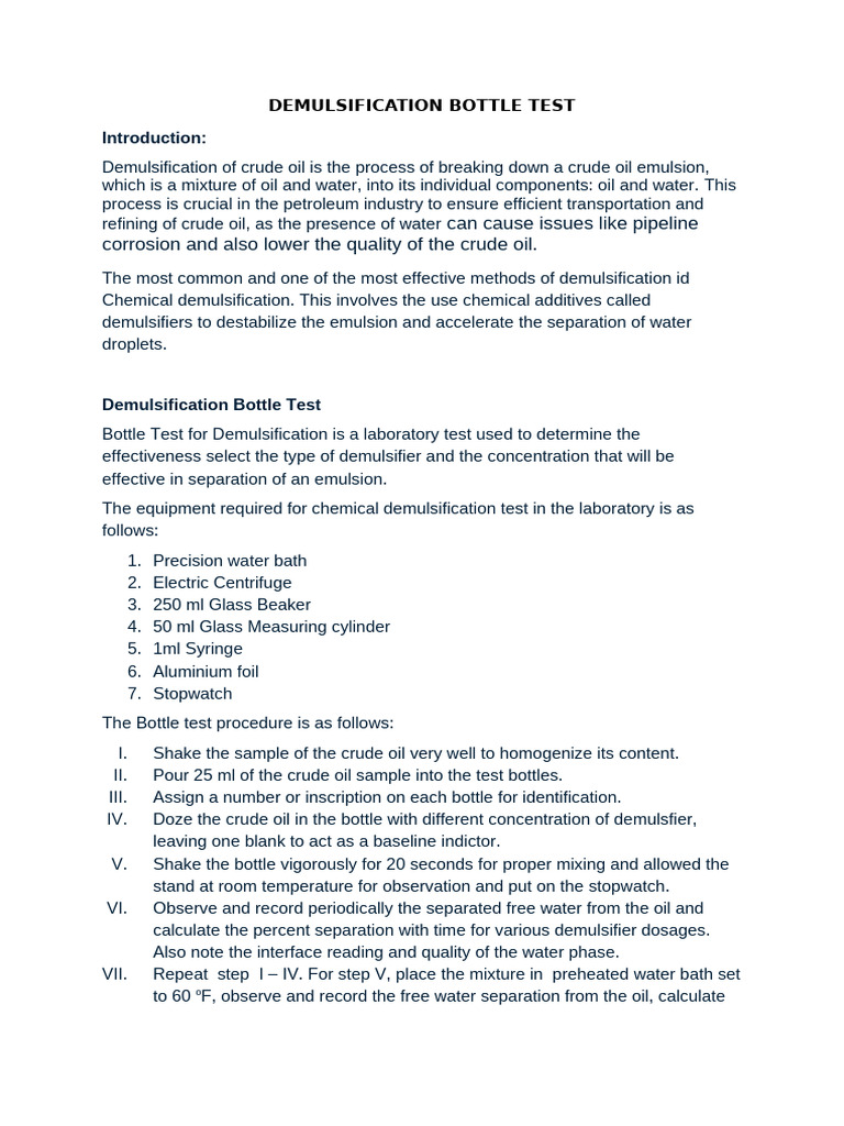 Demulsification Bottle Test | PDF | Emulsion | Chemistry