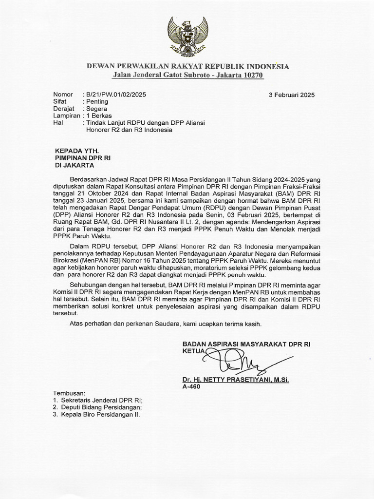 Surat Tindak Lanjut RDPU DGN Honorer R2, R3 | PDF