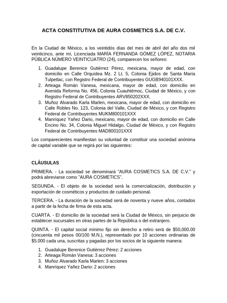 Acta Constitutiva de Aura Cosmetics | PDF | México