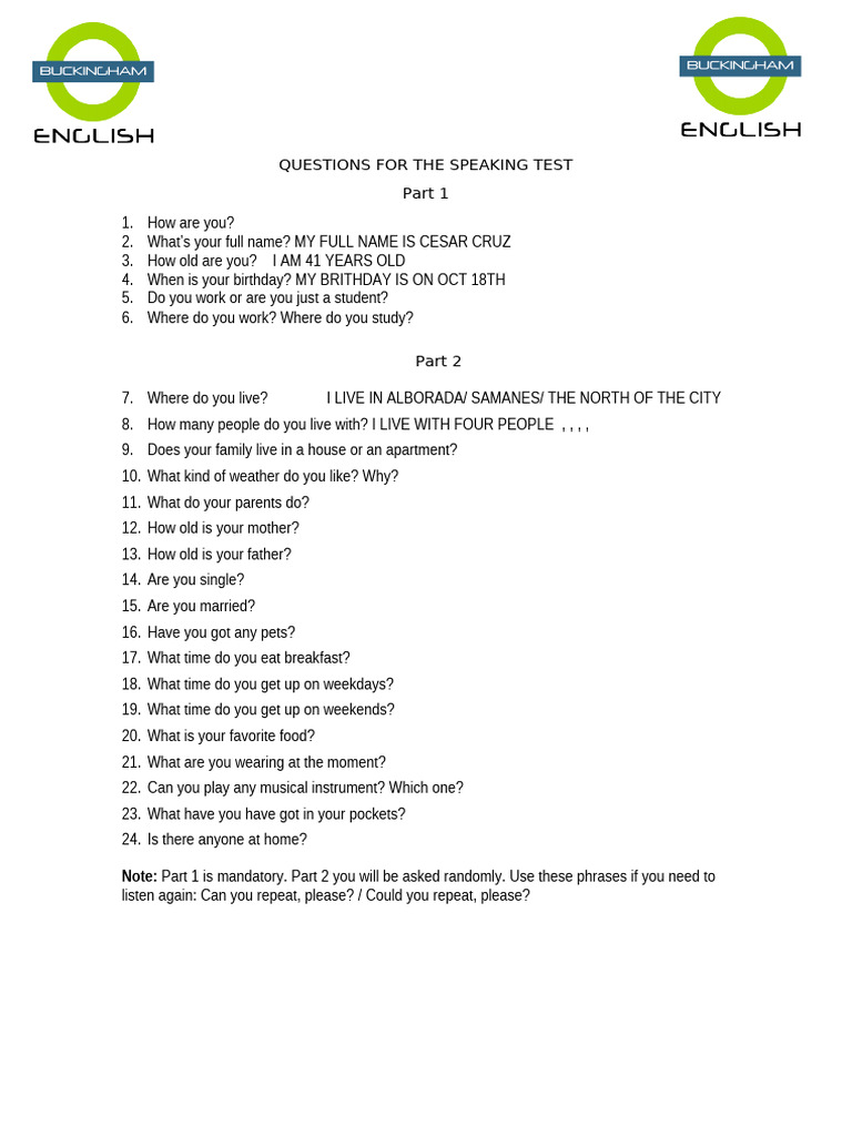 Questions For The Speaking Test Level 1 Lastest Version | PDF