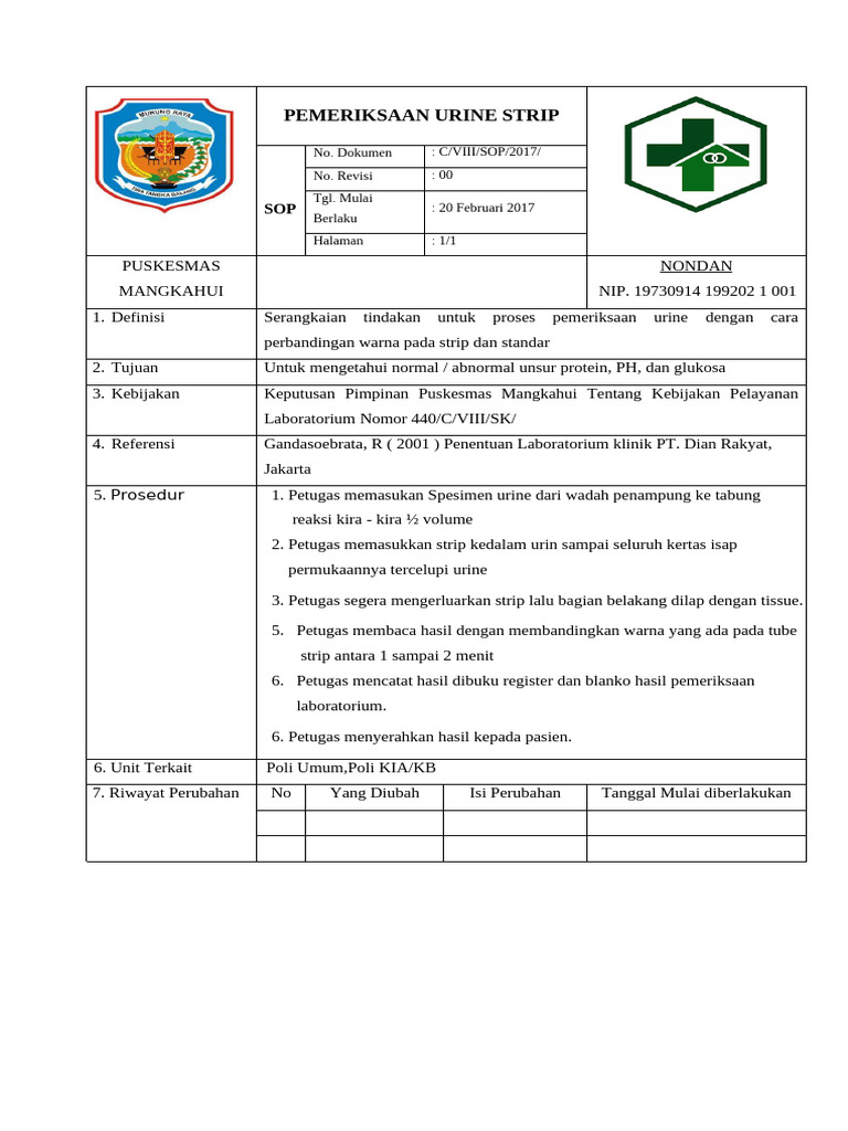 SOP Pemeriksaan Urine Strip Puskesmas | PDF