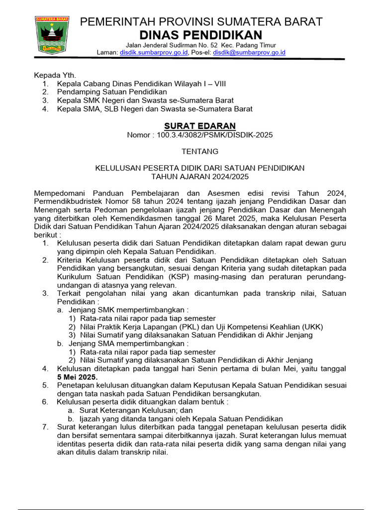 Surat Edaran Disdik Tentang Kelulusan 2025 Tte | PDF