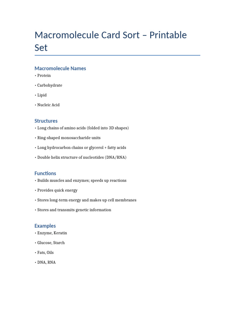 Macromolecule Card Sort Guide | PDF