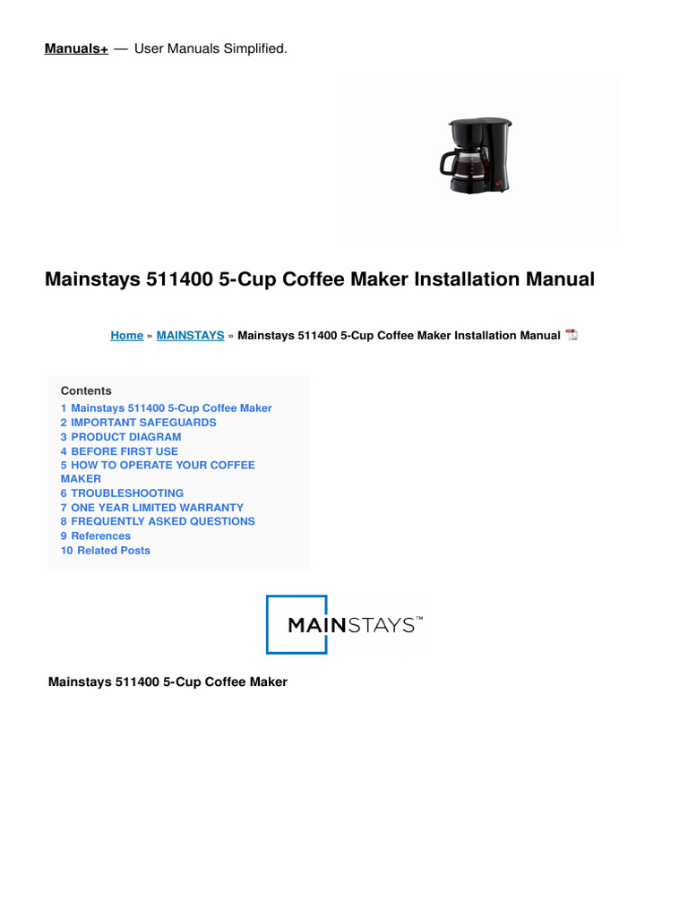 Mainstays 5-Cup Coffee Maker Manual | PDF | Ac Power Plugs And Sockets ...