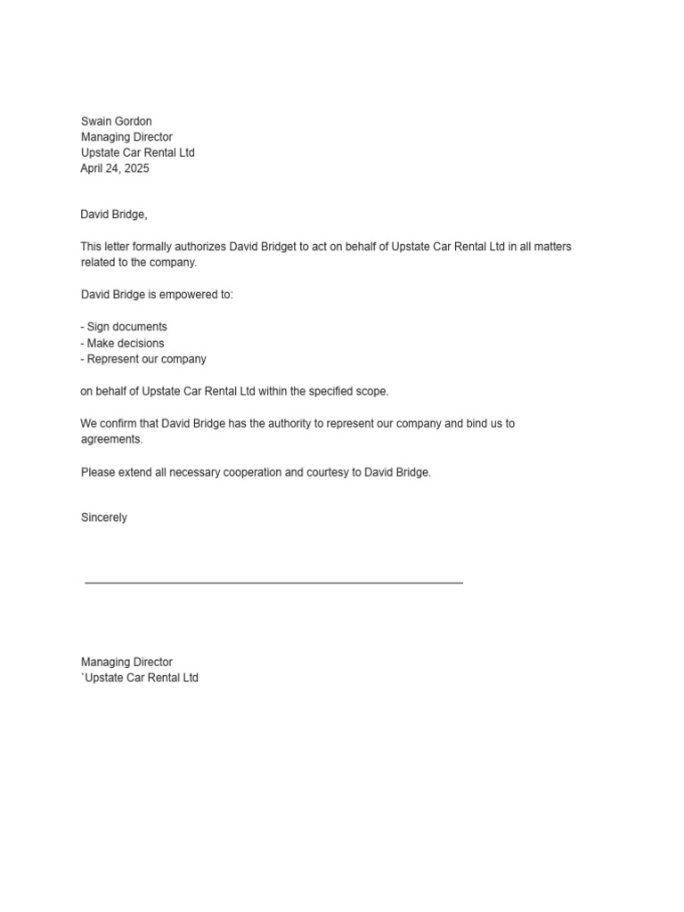 Authorization Letter for David Bridge | PDF