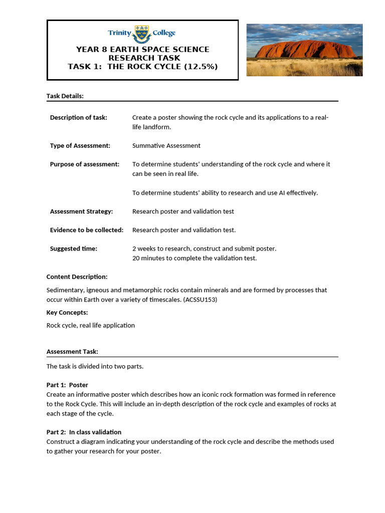 2025 Year 8 Earth Science - Rock Cycle Assignment Student Task Sheet ...