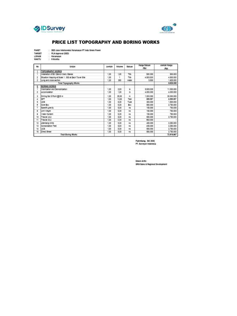 Pricelist Topo Dan Boring Works | PDF | Earth Sciences