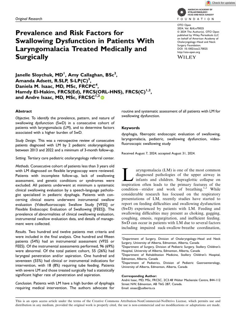 OTO Open - 2024 - Sloychuk - Prevalence and Risk Factors For Swallowing ...