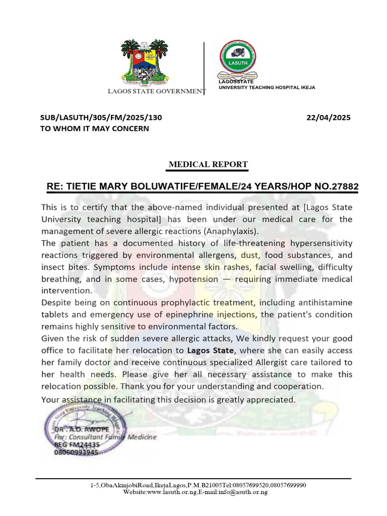 Lagos State Medical Report for Tietie Mary | PDF