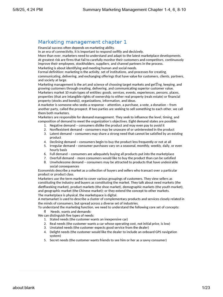 Summary Marketing Management Chapter 1-4, 6, 8-10 | PDF | Marketing ...