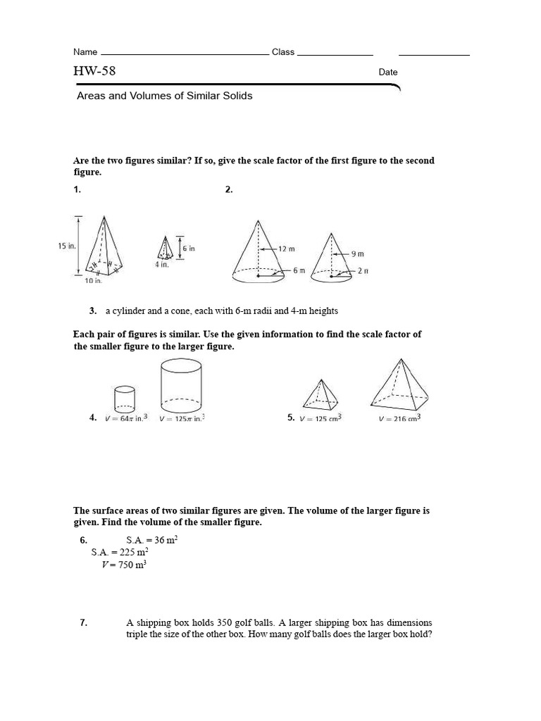 HW-58 Areas and Volumes of Similar Solids | PDF