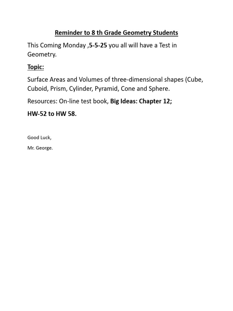 Reminder To 8 TH Grade Geometry Students | PDF