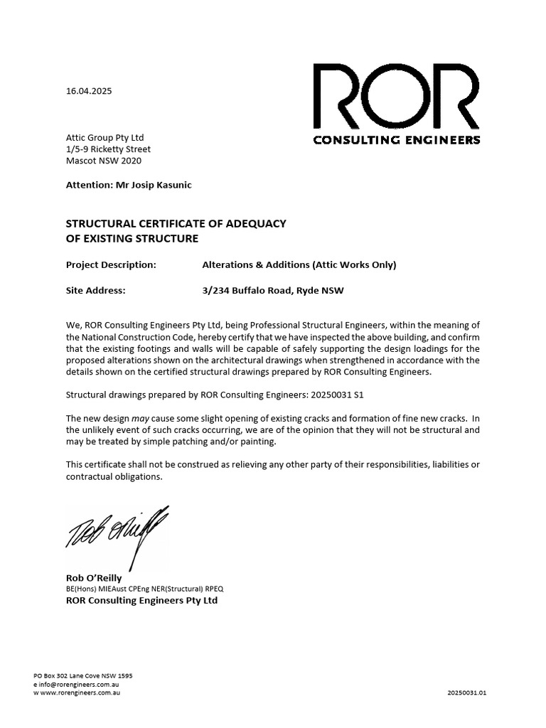 Structural Certificate of Adequacy of Existing Structure: Attention: MR ...