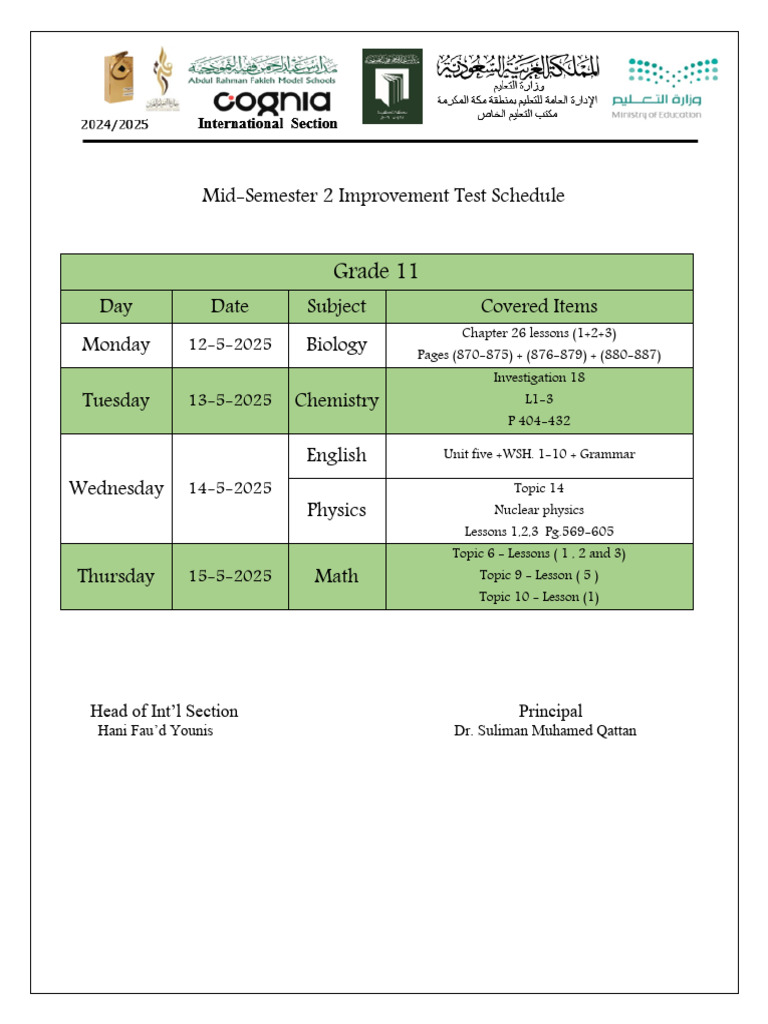 Grade 11 Mid-Semester 2 Improvement Test Schedule-1 | PDF