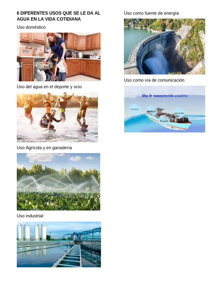 6 Diferentes Usos Que Se Le Da Al Agua en La Vida Cotidiana | PDF