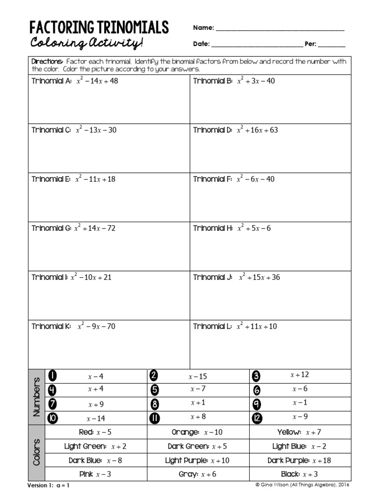 Factoring Trinomials Coloring Activity | PDF | Green | Color