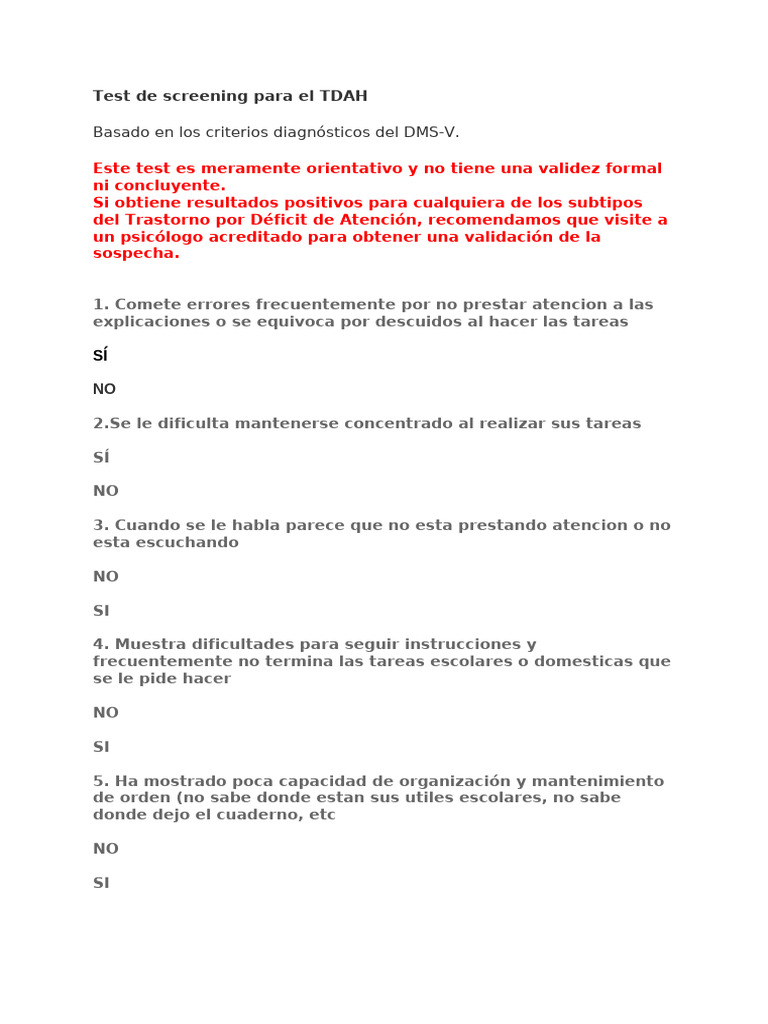 Test de Screening para El TDAH | PDF | Desorden hiperactivo y deficit ...