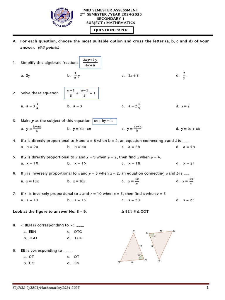 MATH 1 - QP | PDF | Equations | Mathematical Concepts