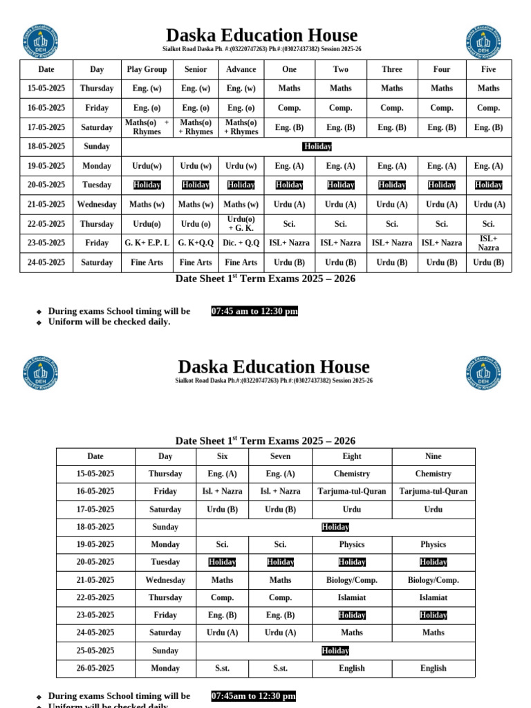 First Term Date Sheet 15th May 2025 | PDF