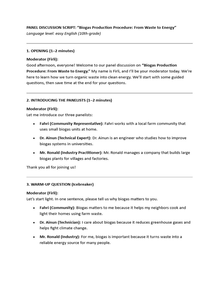 Panel Discussion Script | PDF | Biogas | Anaerobic Digestion