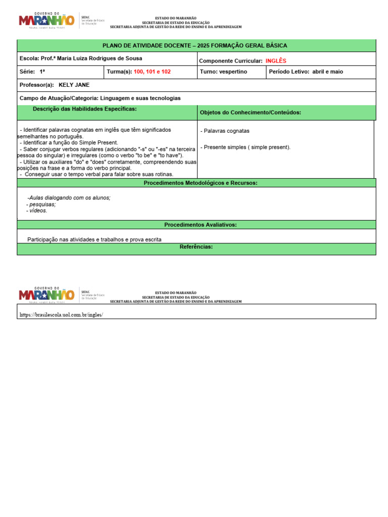 Ing Plano 1º Ano Abril e Maio | PDF