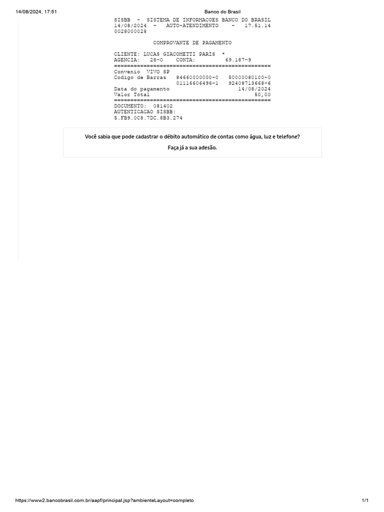 Comprovante - pgto. - Vivo Lucas agosto 2024 | PDF
